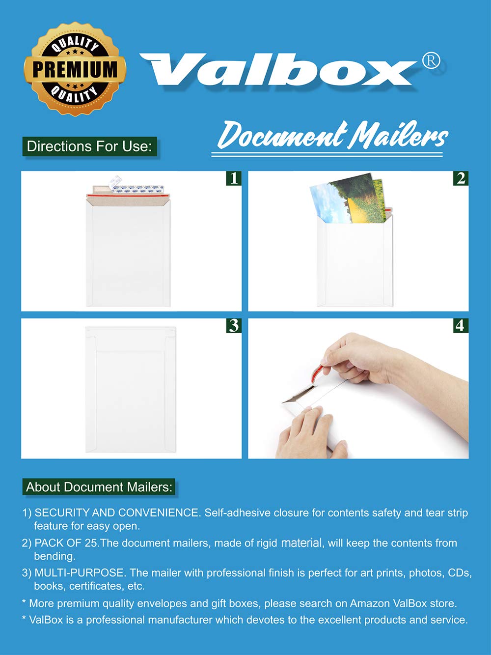 ValBox 9x11.5 Self Seal Photo Document Mailers 25 Pack Stay Flat White Cardboard Envelopes, 9.25 x 11.75 Inches