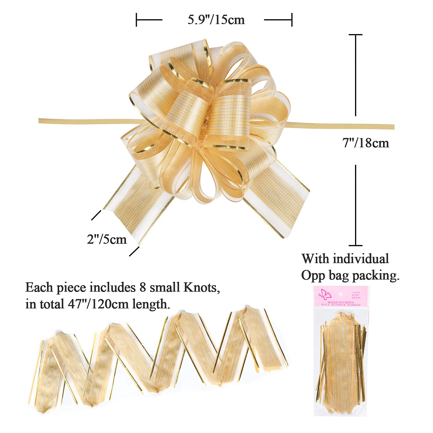 AKLVBL 10 PCS Large Pull Bow Gift Wrapping Bows, Pull Bow with Ribbon for Wedding Gift Baskets, Party Gift Wrap Bows, Presents Decorating Bows (Gold)
