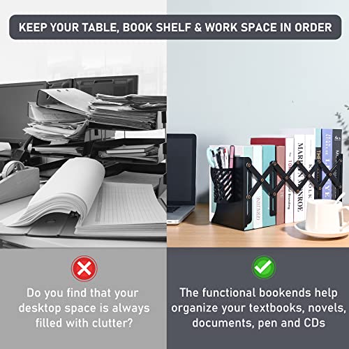 Adjustable Book Ends, Hmseng Metal Bookends Book Holders for Shelves, Desk Magazine File Organizer Holder for Office, Books, Papers, Extends up to 19 inches.Scratch-Resistant Hand Coating-Black