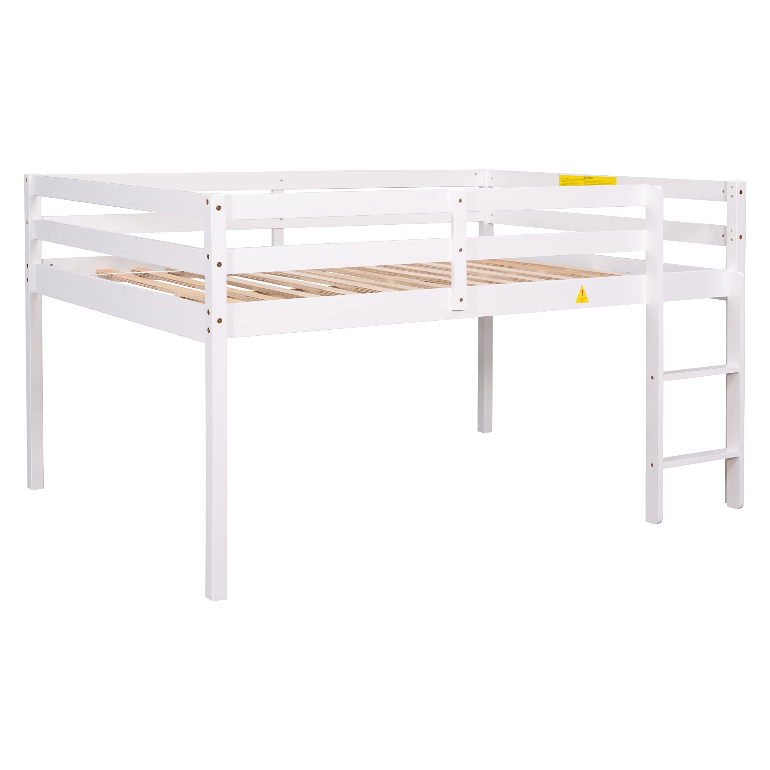 HABUHOME Low Loft Bed Full Size, Wood Loft Bed with Ladder, Full Loft Bed Frame with Safety Guardrail for Kids Teens Boys Girls,White