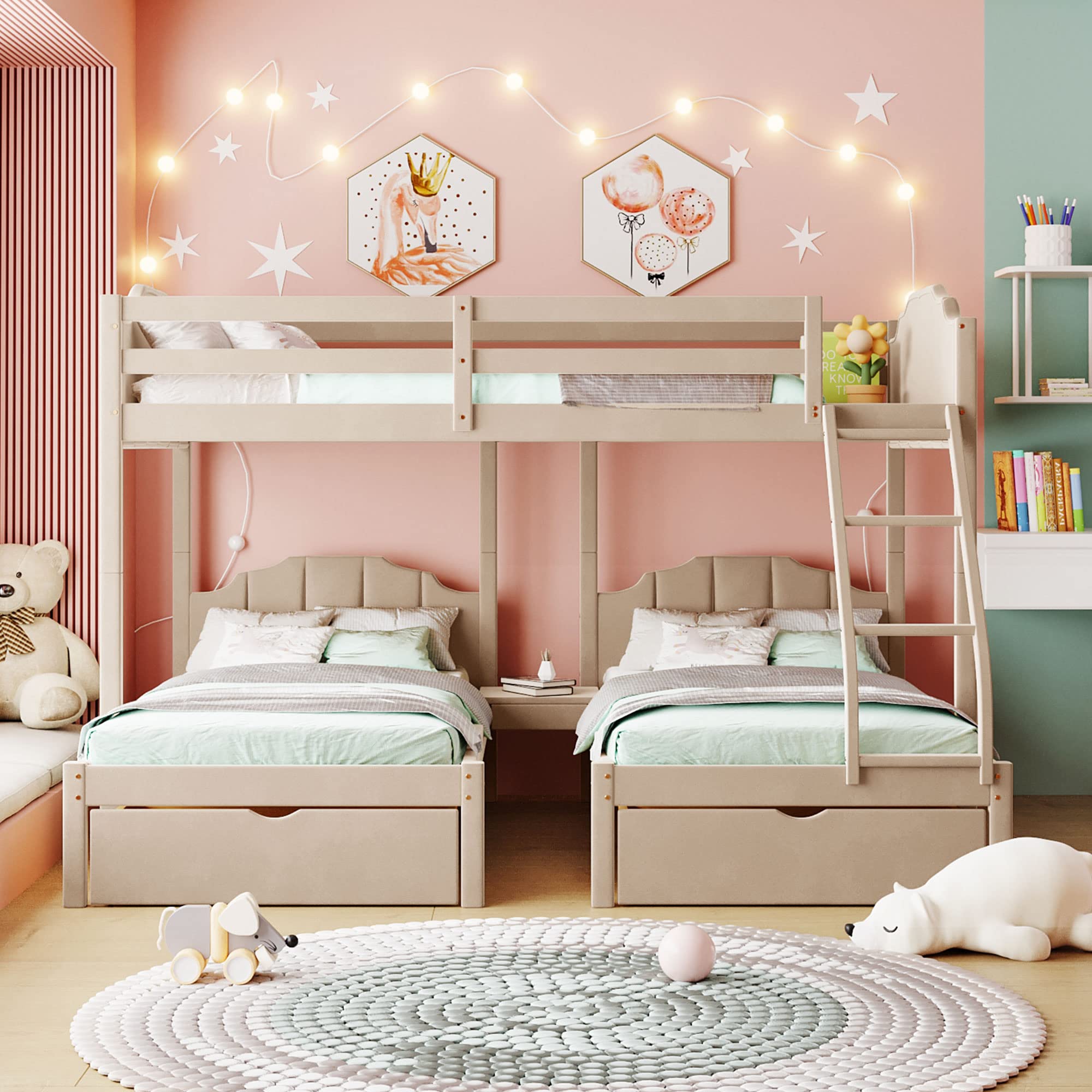 PRNDOLE Full Over Twin & Twin Bunk Bed,Triple Bunk Bed with 3 Drawers,Headboard and Guardrails for Kids Teens Adults,Beige