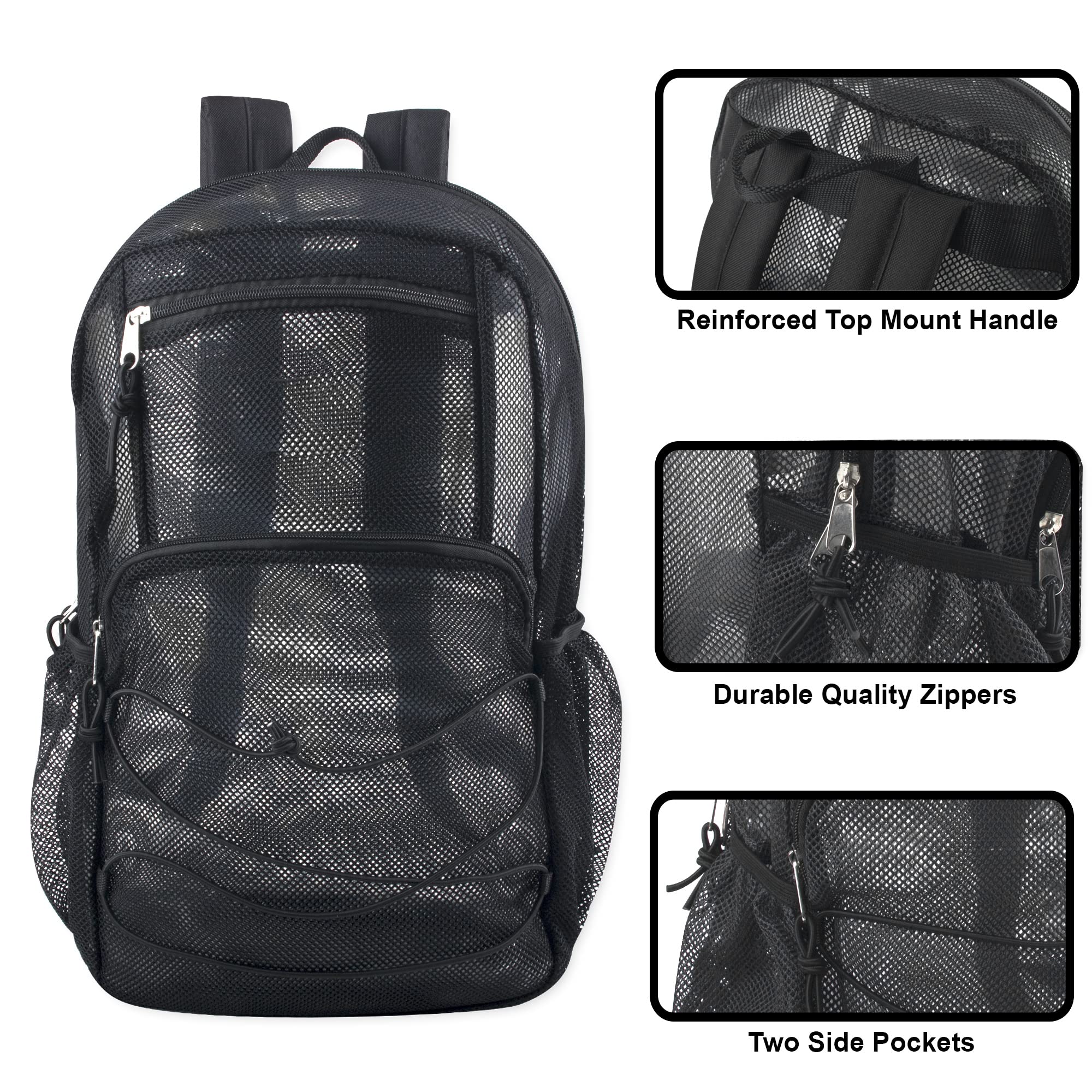 Deluxe Mesh Backpack with Bungee Cord & Adjustable Padded Straps, for Swimming, School, Travel (Black)