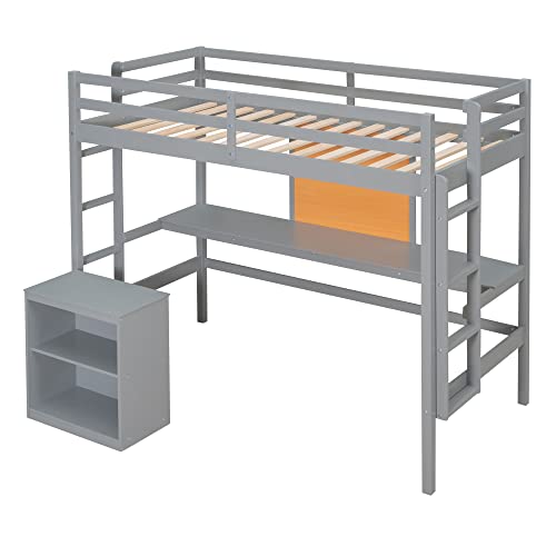 BOVZA Twin Size Loft Bed with Desk and Writing Board, Wood Loft Bed Frame with 2 Drawers Cabinet and 2 Side Ladders, Gray
