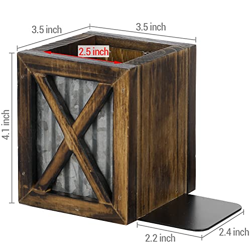 MyGift Rustic Burnt Wood Decorative Bookends, Wooden and Galvanized Metal Desktop Book Stands with Pen Holder Pencil Cup Stationery Storage Bins, 1 Pair