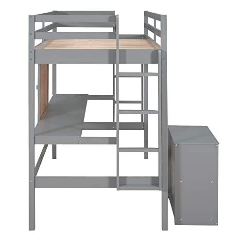BOVZA Twin Size Loft Bed with Desk and Writing Board, Wood Loft Bed Frame with 2 Drawers Cabinet and 2 Side Ladders, Gray