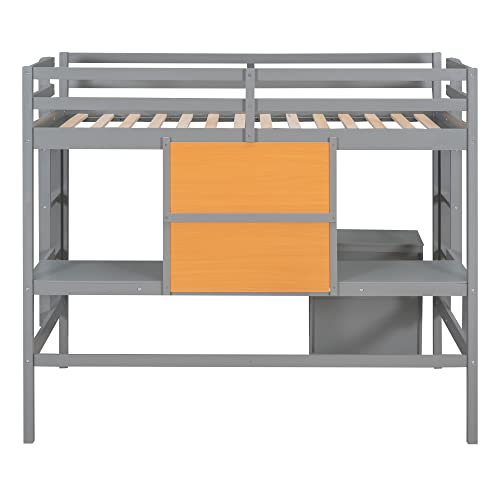 BOVZA Twin Size Loft Bed with Desk and Writing Board, Wood Loft Bed Frame with 2 Drawers Cabinet and 2 Side Ladders, Gray