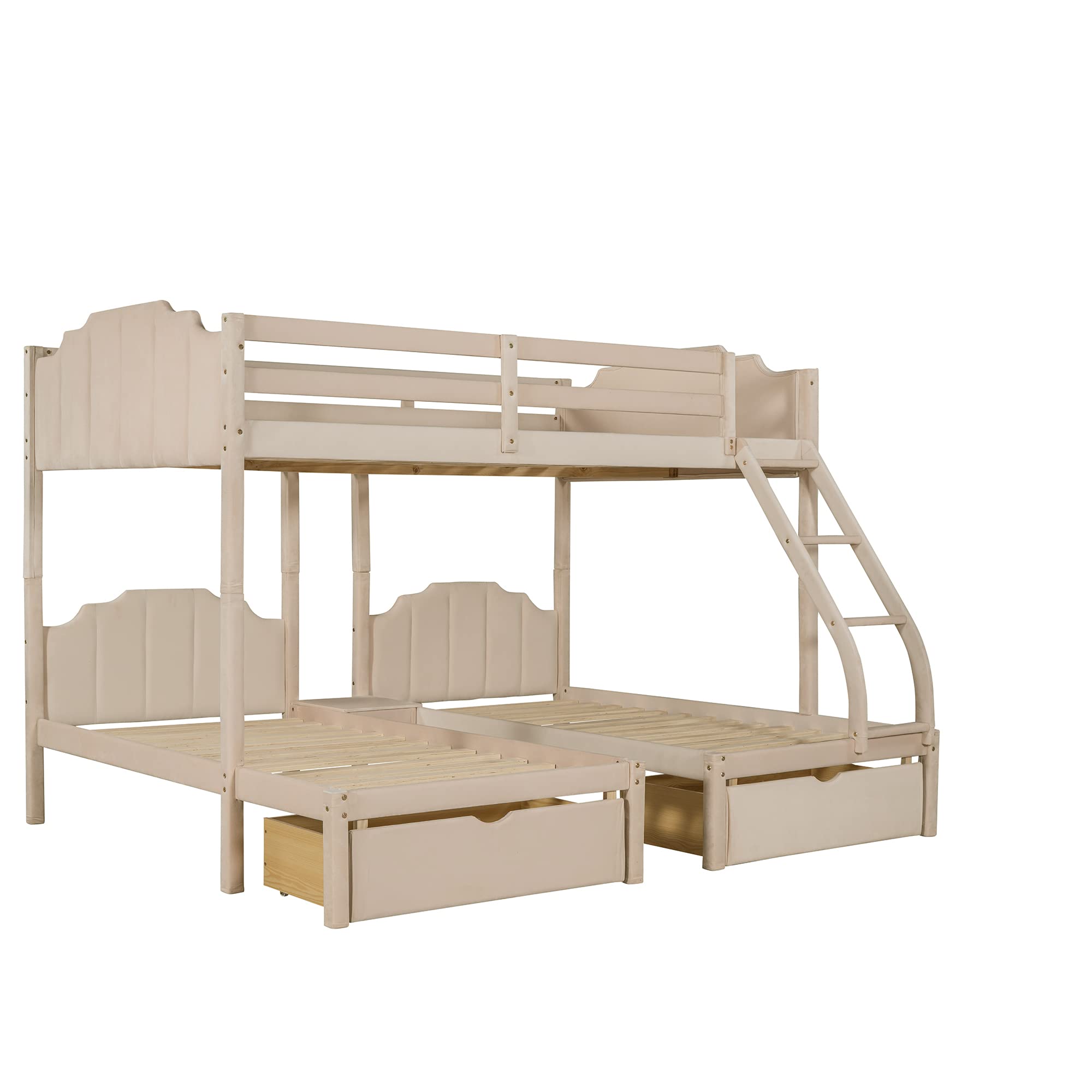 PRNDOLE Full Over Twin & Twin Bunk Bed,Triple Bunk Bed with 3 Drawers,Headboard and Guardrails for Kids Teens Adults,Beige