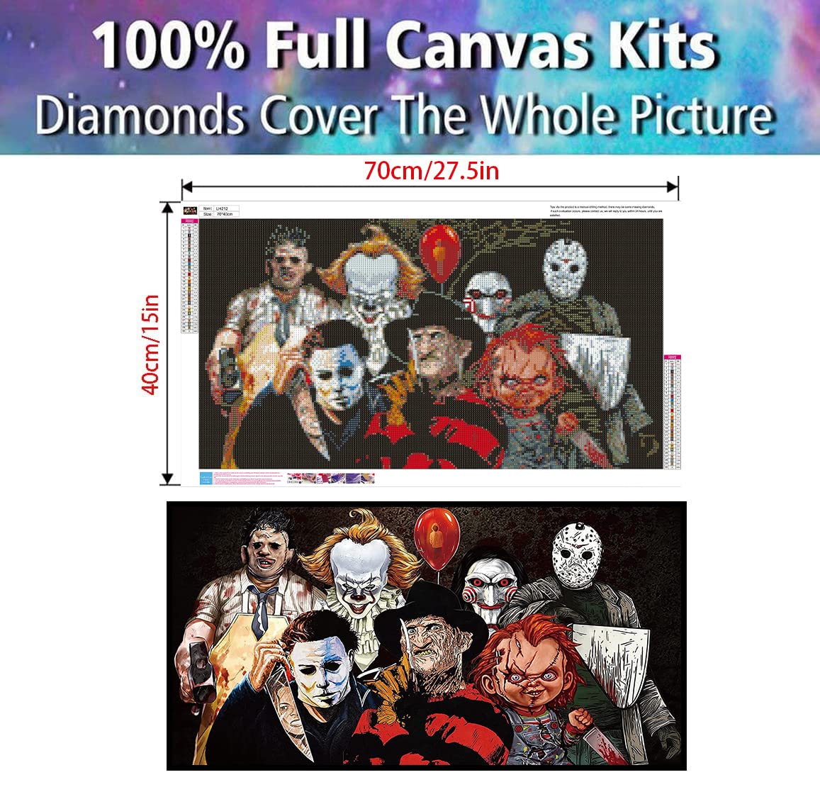 KYOQFVN Halloween Diamond Painting Kits for Adults,5D Full Round Diamond Halloween Clown Diamond Art Kit, Large Dots Diamond Painting for Beginners, DIY Beads for Home Wall Decor, 27.5" x 15"