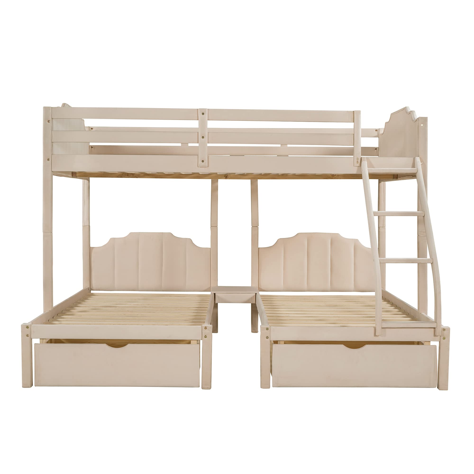 PRNDOLE Full Over Twin & Twin Bunk Bed,Triple Bunk Bed with 3 Drawers,Headboard and Guardrails for Kids Teens Adults,Beige