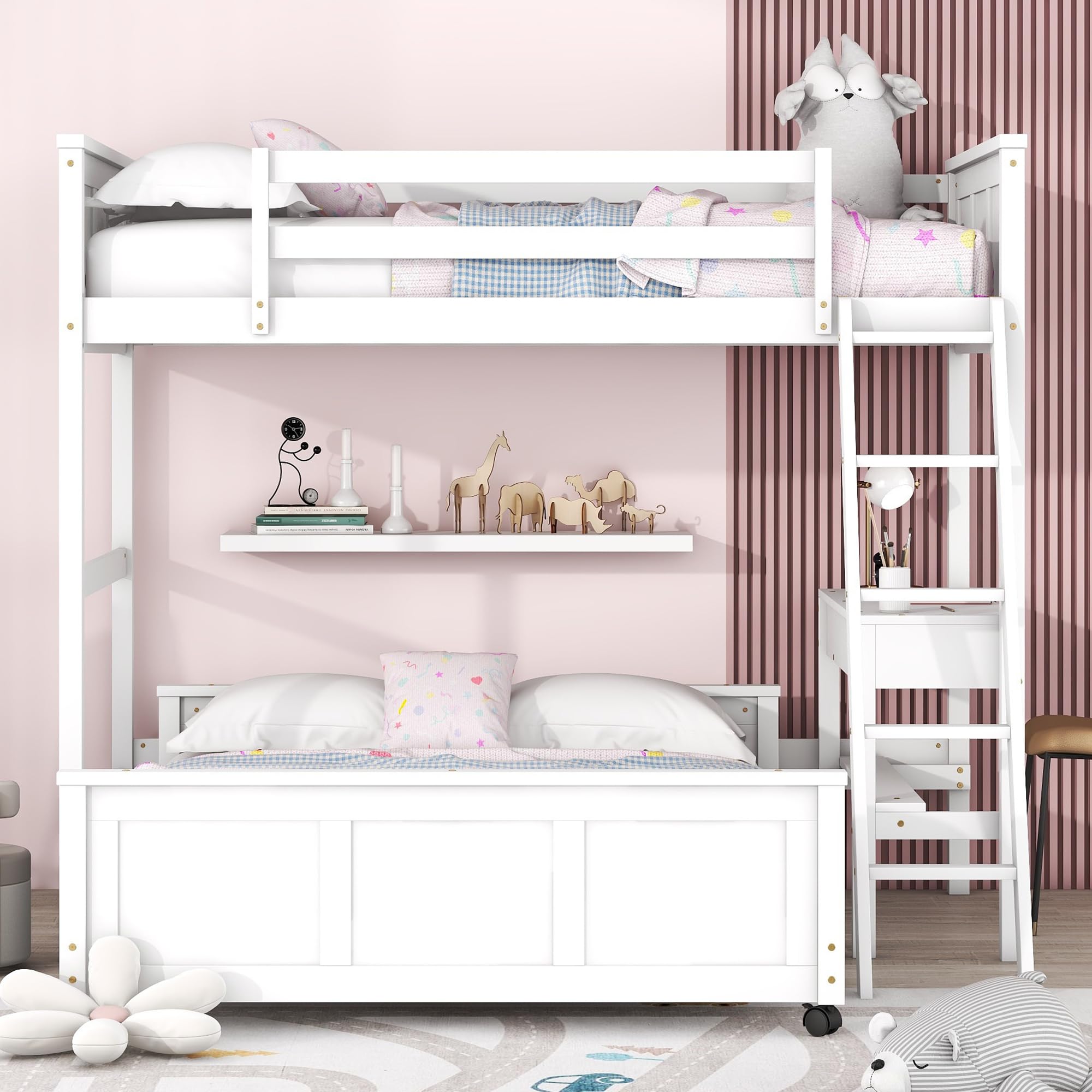 BIADNBZ Twin Over Full Bunk Bed with Desk and Drawers, Wooden L-Shaped Bunkbed Convertible to Loftbed and Platform Bedframe, for Kids/Teens/Aduts Bedroom, White