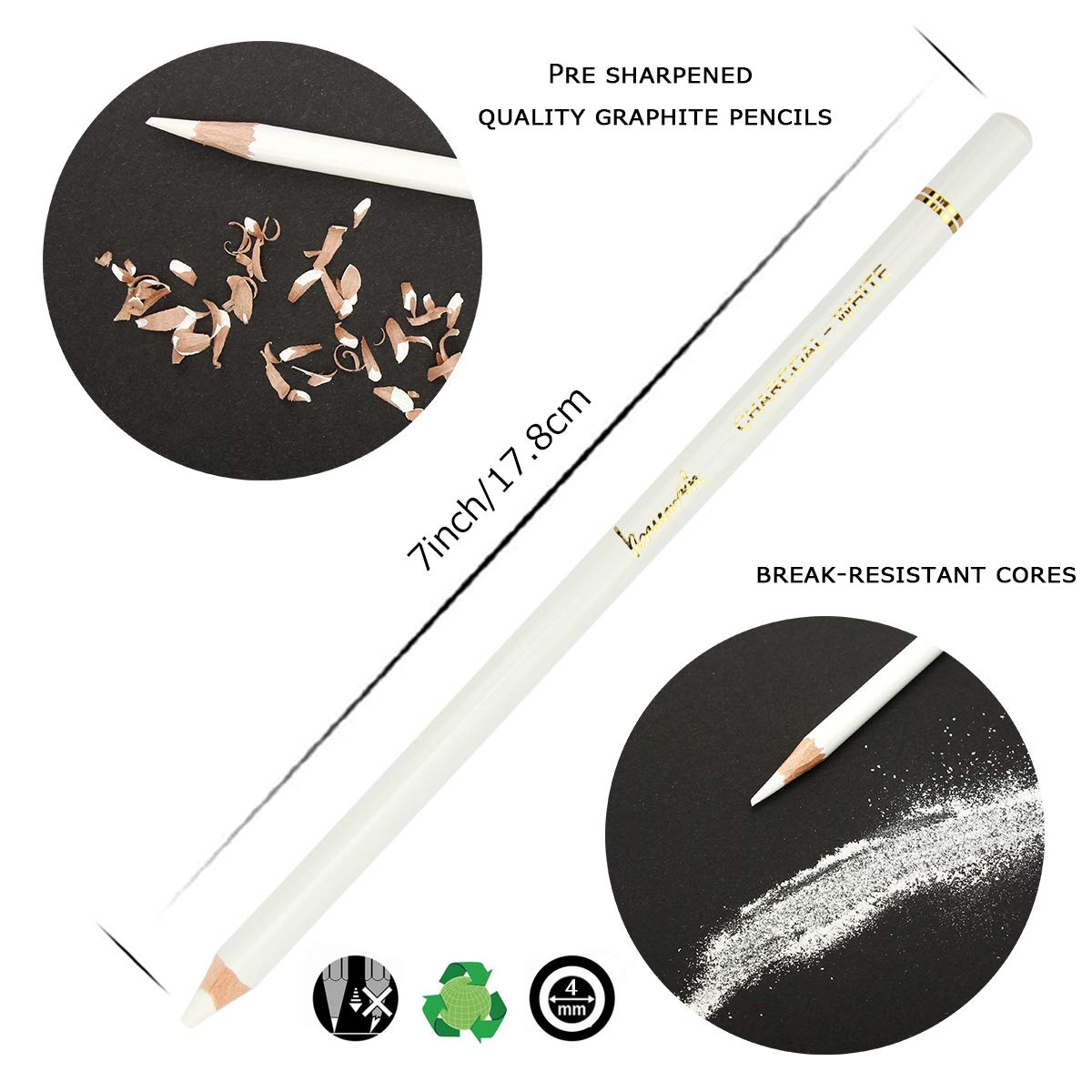 Professional White Charcoal Pencils Set - Brusarth 3 Pieces Sketch Highlight White Pencils for Drawing, Sketching, Shading, Blending, White Chalk Pencils for Beginners & Artists