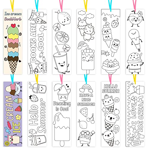 Haooryx 75Pcs Color Your Own Ice Cream Bookmarks, Summer Ice Cream Theme Kids DIY Coloring Blank Bookmark for Kids Birthday Gift Classroom Reading Club Rewards Book Decoration Paper Art Craft Supplies