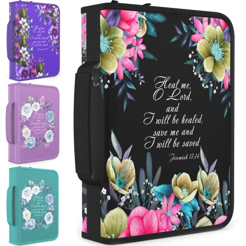 Bible Covers for Women Large Size - Bible Case Carrying Bag Fits Book 10.1 x 7 x 1.9 Inches - Floral Bible Holder for Girls Black Color - Christian Confirmation Recovery Gift Accessories with Pockets