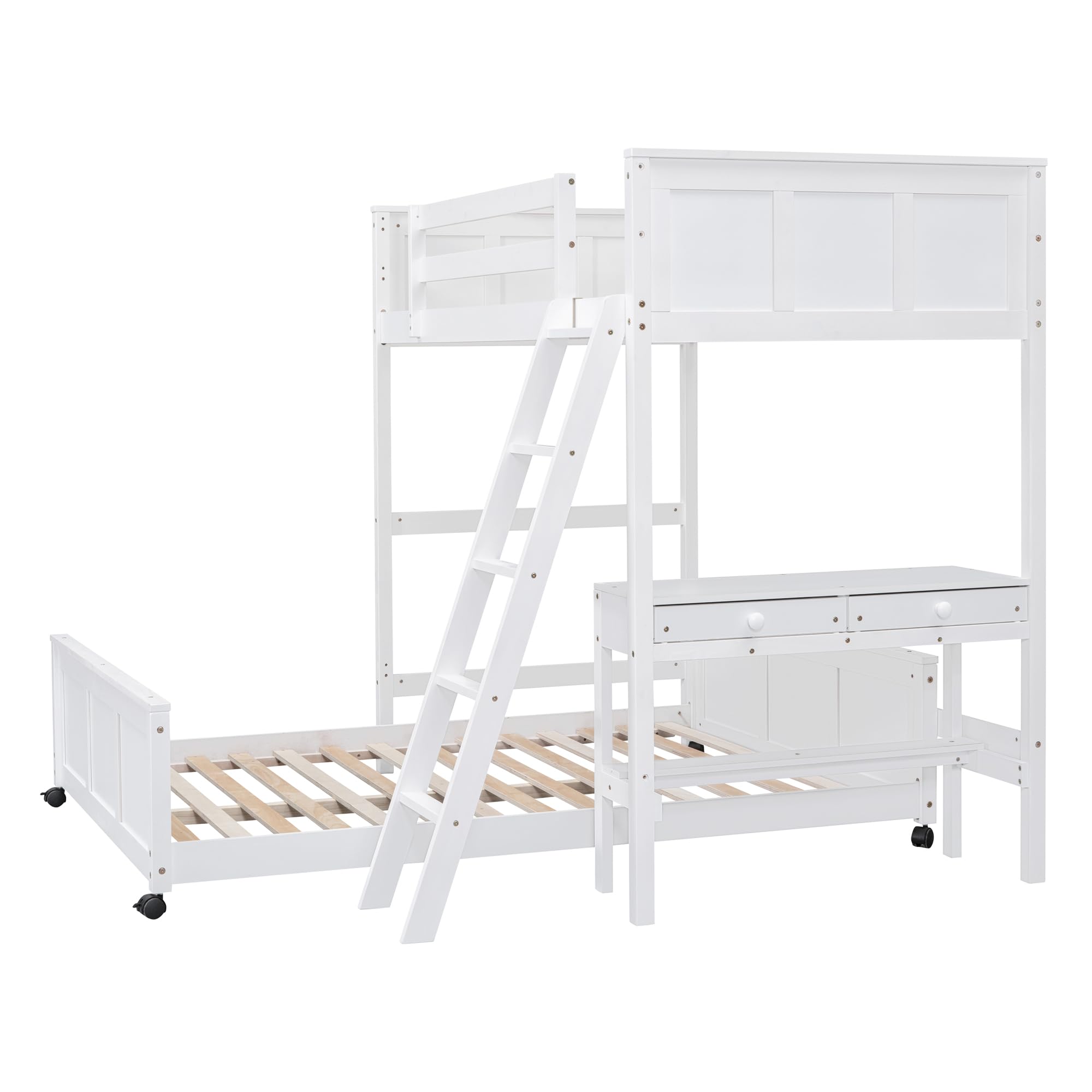 BIADNBZ Twin Over Full Bunk Bed with Desk and Drawers, Wooden L-Shaped Bunkbed Convertible to Loftbed and Platform Bedframe, for Kids/Teens/Aduts Bedroom, White
