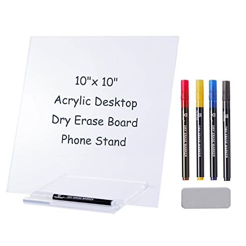 Acrylic Dry Erase White Board - 10 x 10 Inches Clear Desktop Whiteboard Frameless to List Board with Markers Tray Small Desktop Dry-Erase-Board Mini Easel Whiteboard