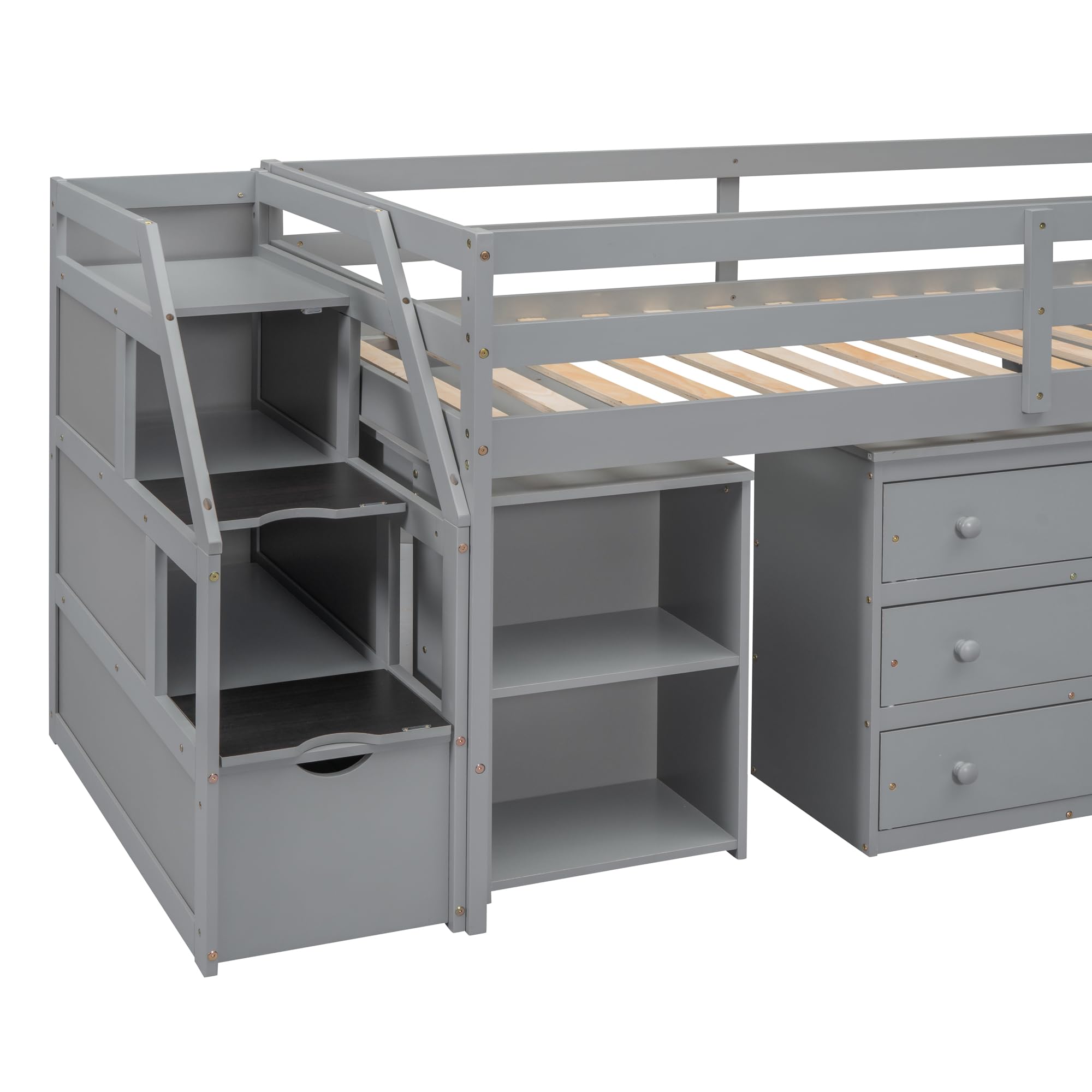 Loft Bed and 3 Drawers, Wooden Loft Bed with Storage Stairs and Shelves, Gray