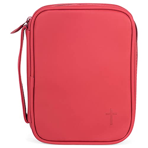 Matte Red Stitched Cross 8 x 6 Fabric Zippered Bible Cover Case with Handle, Compact
