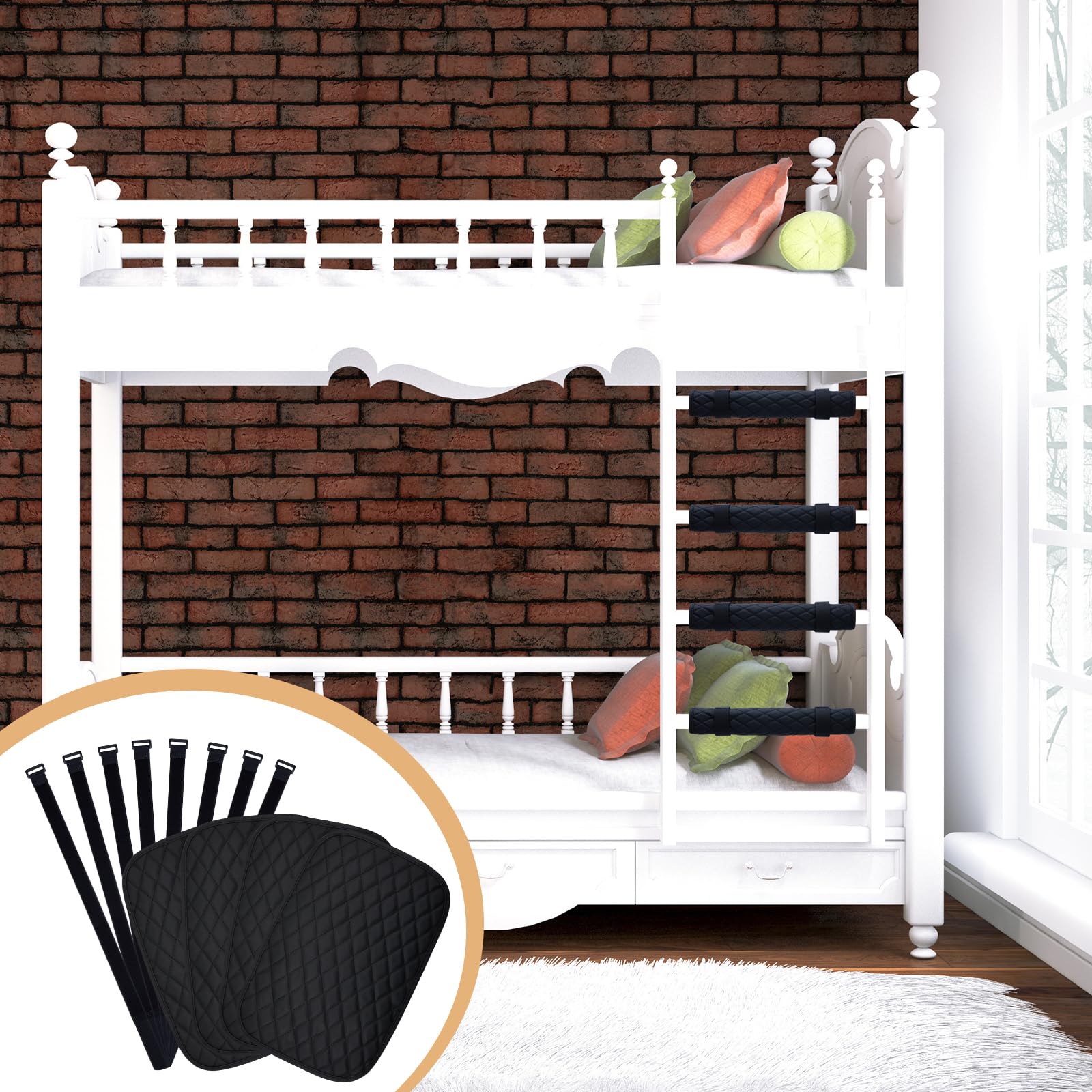 Tinideya 4 Pcs Bunk Bed Ladder Pads with 8 Adjustable Hook and Loop Straps 12 x 8 Inch Soft Bunk Bed Ladder Cover Bunk Bed Ladder Padding Anti Slip Bottom for Loft Step Comfortable Climbing, Black