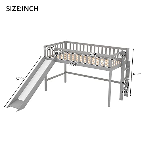 KoiHome Twin Size Low Loft Bed with Ladder and Slide, Wood Bed with Full-Length Guardrail & Built-in Solid Slat Support for Kids Girl Boy Teens Bedroom, Space-Saving Design, No Box Spring Needed, Gray
