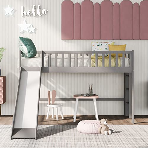 KoiHome Twin Size Low Loft Bed with Ladder and Slide, Wood Bed with Full-Length Guardrail & Built-in Solid Slat Support for Kids Girl Boy Teens Bedroom, Space-Saving Design, No Box Spring Needed, Gray