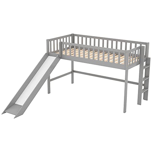 KoiHome Twin Size Low Loft Bed with Ladder and Slide, Wood Bed with Full-Length Guardrail & Built-in Solid Slat Support for Kids Girl Boy Teens Bedroom, Space-Saving Design, No Box Spring Needed, Gray