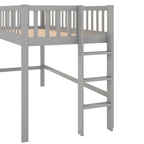 KoiHome Twin Size Low Loft Bed with Ladder and Slide, Wood Bed with Full-Length Guardrail & Built-in Solid Slat Support for Kids Girl Boy Teens Bedroom, Space-Saving Design, No Box Spring Needed, Gray