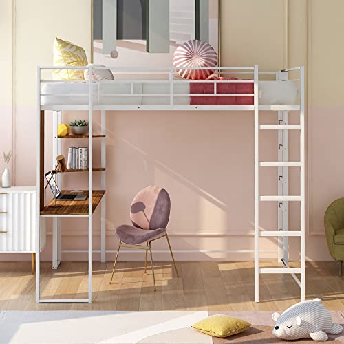 GINGVAT Full Size Metal Loft Bed with 2 Shelves and one Desk, Ladder and Safety Guardrail, White