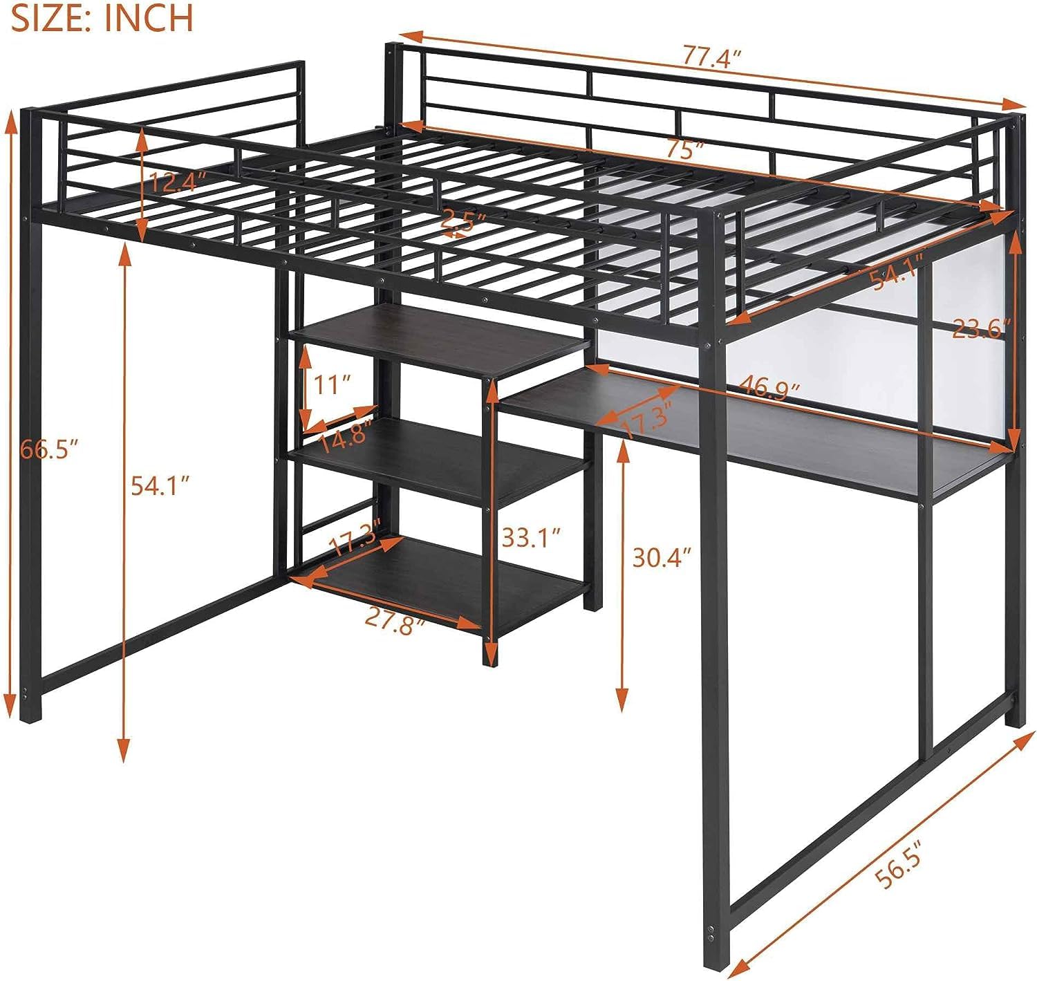 DNYN Full Size Loft Bed with Desk & Ladder for Kids Bedroom,Multifunctional Metal Bedframe w/Shelves & Whiteboard & Safety Rail Design,Space Saving & No Box Spring Needed, Black