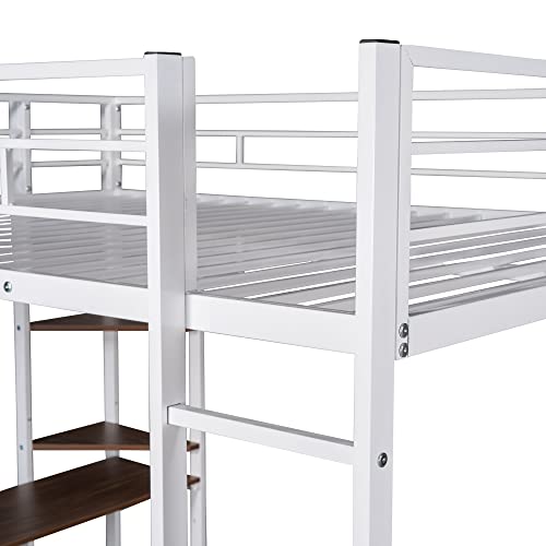 GINGVAT Full Size Metal Loft Bed with 2 Shelves and one Desk, Ladder and Safety Guardrail, White