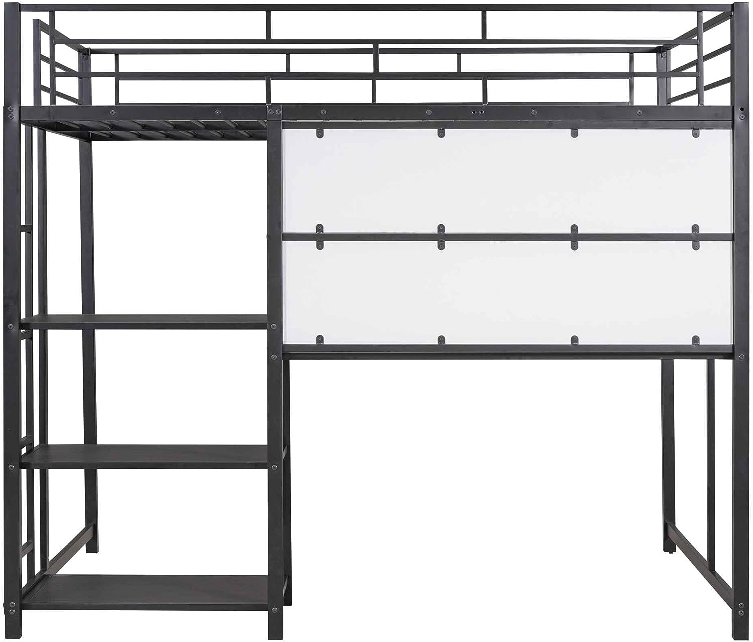 DNYN Full Size Loft Bed with Desk & Ladder for Kids Bedroom,Multifunctional Metal Bedframe w/Shelves & Whiteboard & Safety Rail Design,Space Saving & No Box Spring Needed, Black