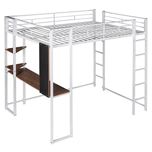 GINGVAT Full Size Metal Loft Bed with 2 Shelves and one Desk, Ladder and Safety Guardrail, White