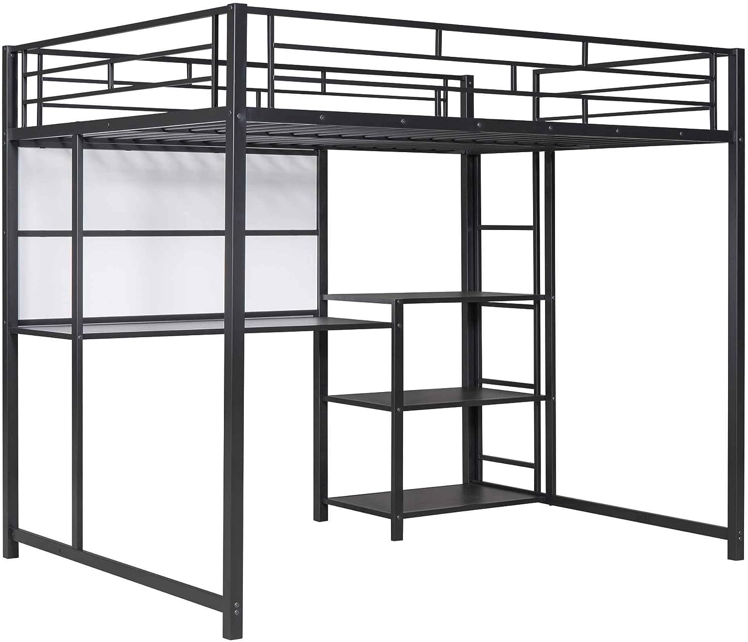 DNYN Full Size Loft Bed with Desk & Ladder for Kids Bedroom,Multifunctional Metal Bedframe w/Shelves & Whiteboard & Safety Rail Design,Space Saving & No Box Spring Needed, Black