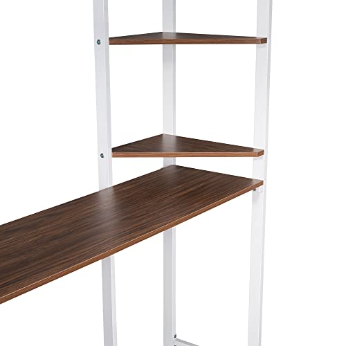 GINGVAT Full Size Metal Loft Bed with 2 Shelves and one Desk, Ladder and Safety Guardrail, White