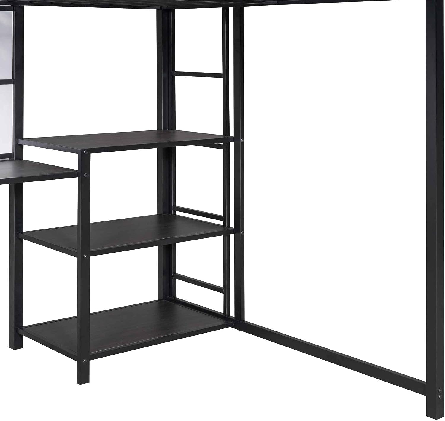 DNYN Full Size Loft Bed with Desk & Ladder for Kids Bedroom,Multifunctional Metal Bedframe w/Shelves & Whiteboard & Safety Rail Design,Space Saving & No Box Spring Needed, Black