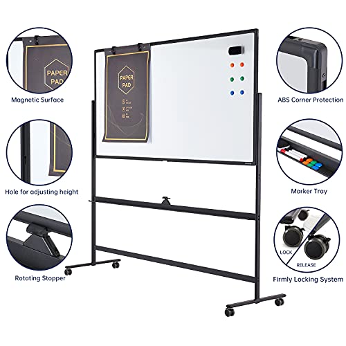 Large Dry-Erase Rolling Magnetic Whiteboard - 48 x 32 Inches White Board Height Adjust Double Sides Mobile Portable Easel on Wheels, Dry Erase Board with Stand for Office, Home & Classroom