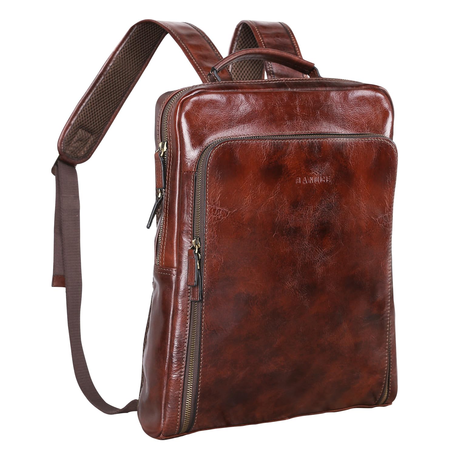 Banuce Vintage Full Grain Italian Leather Backpack for Men Travel Laptop Backpack Work Bag with Luggage Strap Brown