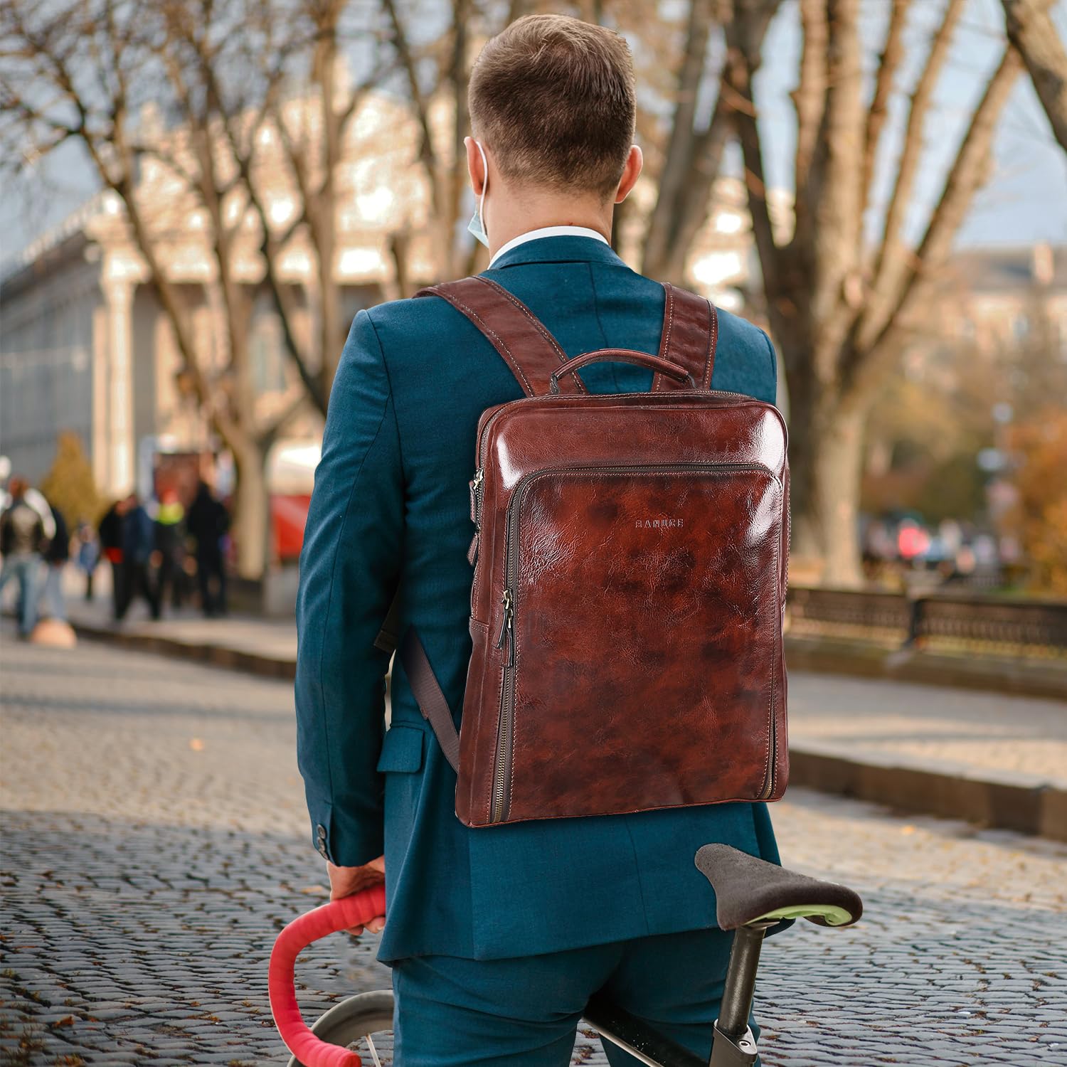 Banuce Vintage Full Grain Italian Leather Backpack for Men Travel Laptop Backpack Work Bag with Luggage Strap Brown