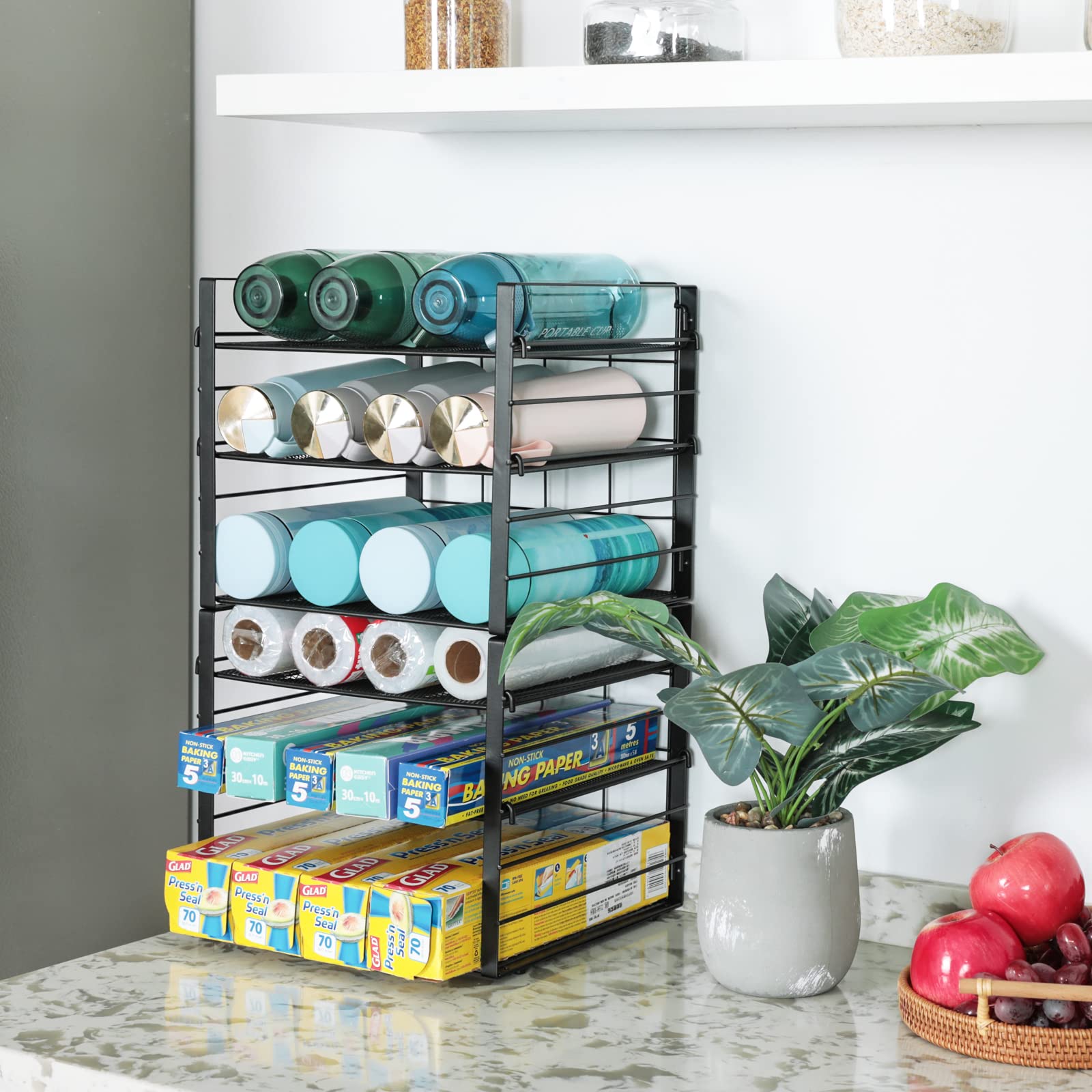 Upgraded Stackable Wrap Box Organizer Rack, 3-Tier Adjustable Foil Organizer Holder for Kitchen Countertop Pantry organization and storage-Under Sink Organizers and Storage Suitable,Black(2 Pack)
