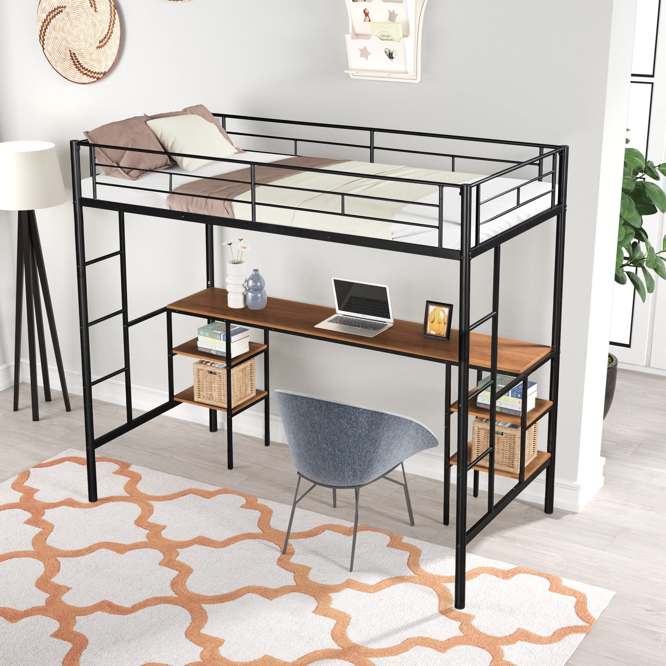 Metal Twin Loft Desk & Shelves/Metal Twin Loft Bed with Desk and Storage Shelves, Space-Saving Bed Frame with 2 Side Ladders and Safety Guard Rails for Kids Teens Adults,No Box Spring Needed