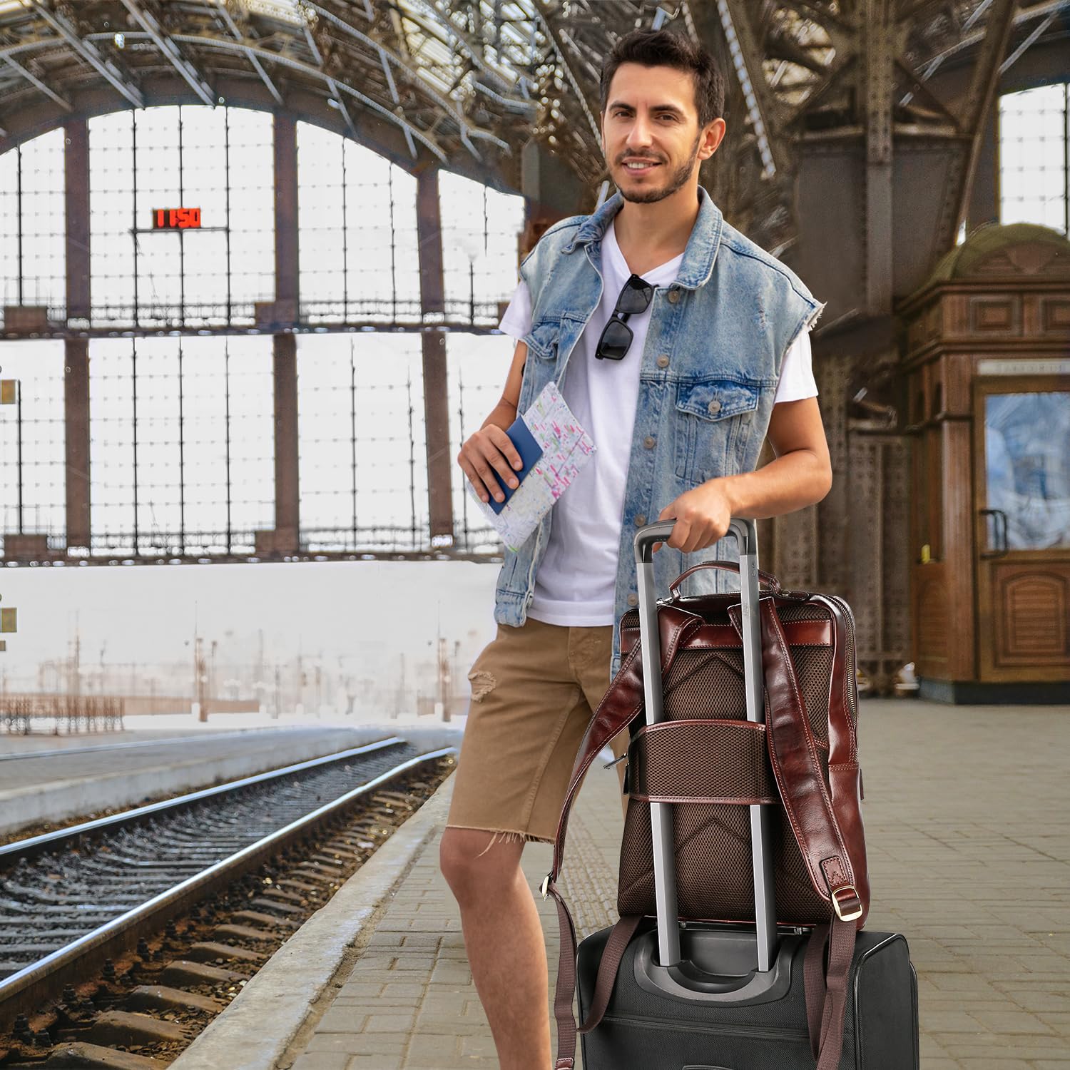 Banuce Vintage Full Grain Italian Leather Backpack for Men Travel Laptop Backpack Work Bag with Luggage Strap Brown