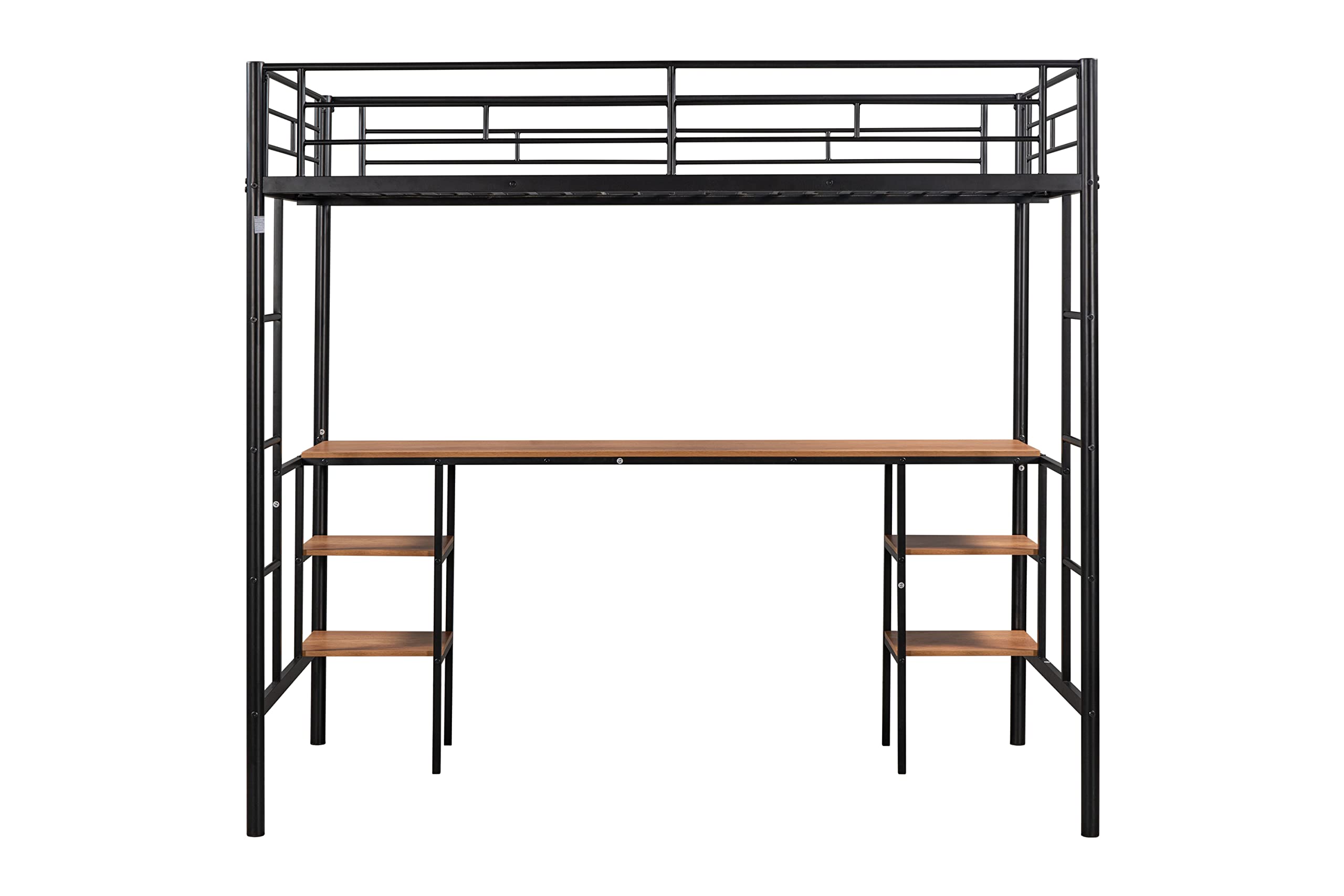 Metal Twin Loft Desk & Shelves/Metal Twin Loft Bed with Desk and Storage Shelves, Space-Saving Bed Frame with 2 Side Ladders and Safety Guard Rails for Kids Teens Adults,No Box Spring Needed