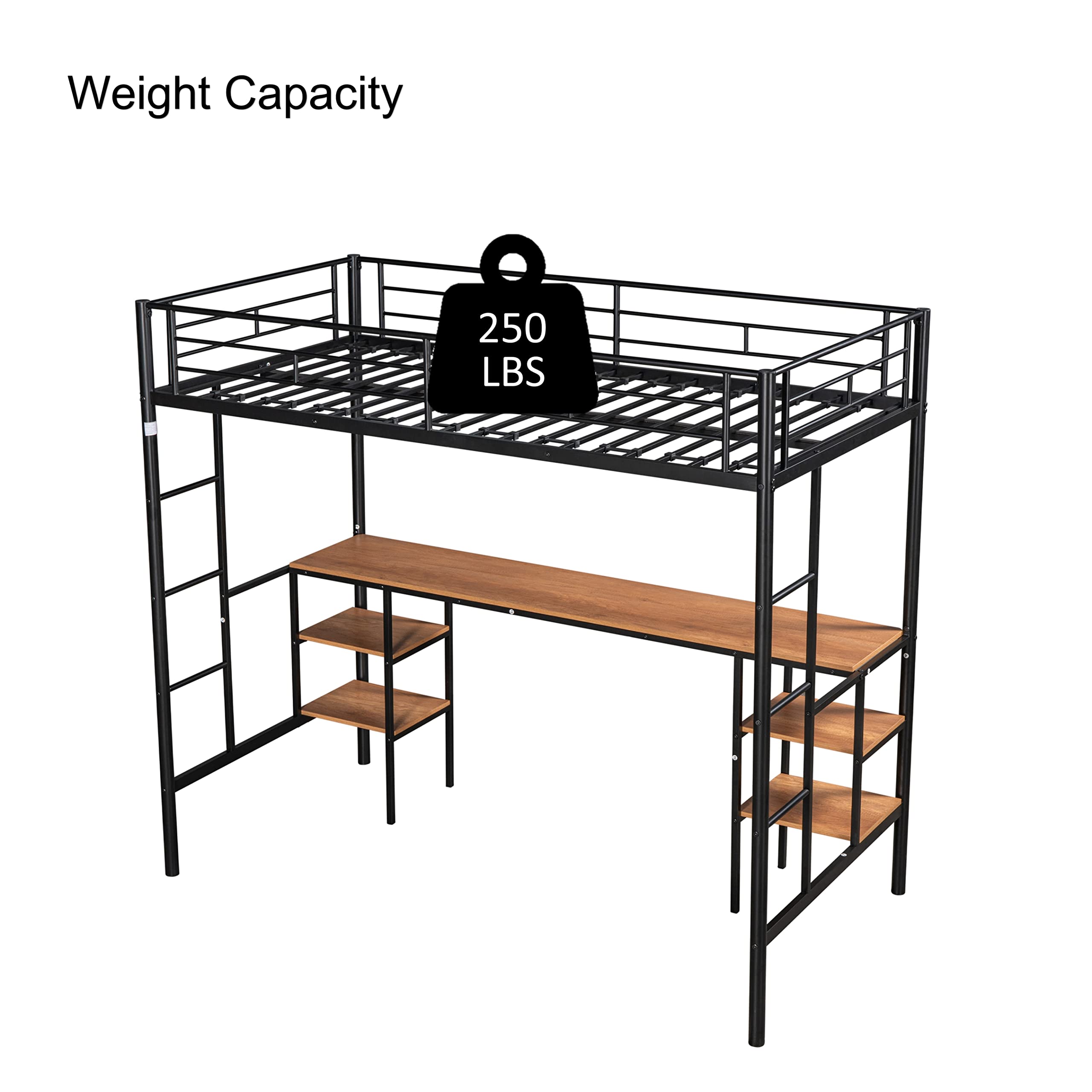 Metal Twin Loft Desk & Shelves/Metal Twin Loft Bed with Desk and Storage Shelves, Space-Saving Bed Frame with 2 Side Ladders and Safety Guard Rails for Kids Teens Adults,No Box Spring Needed