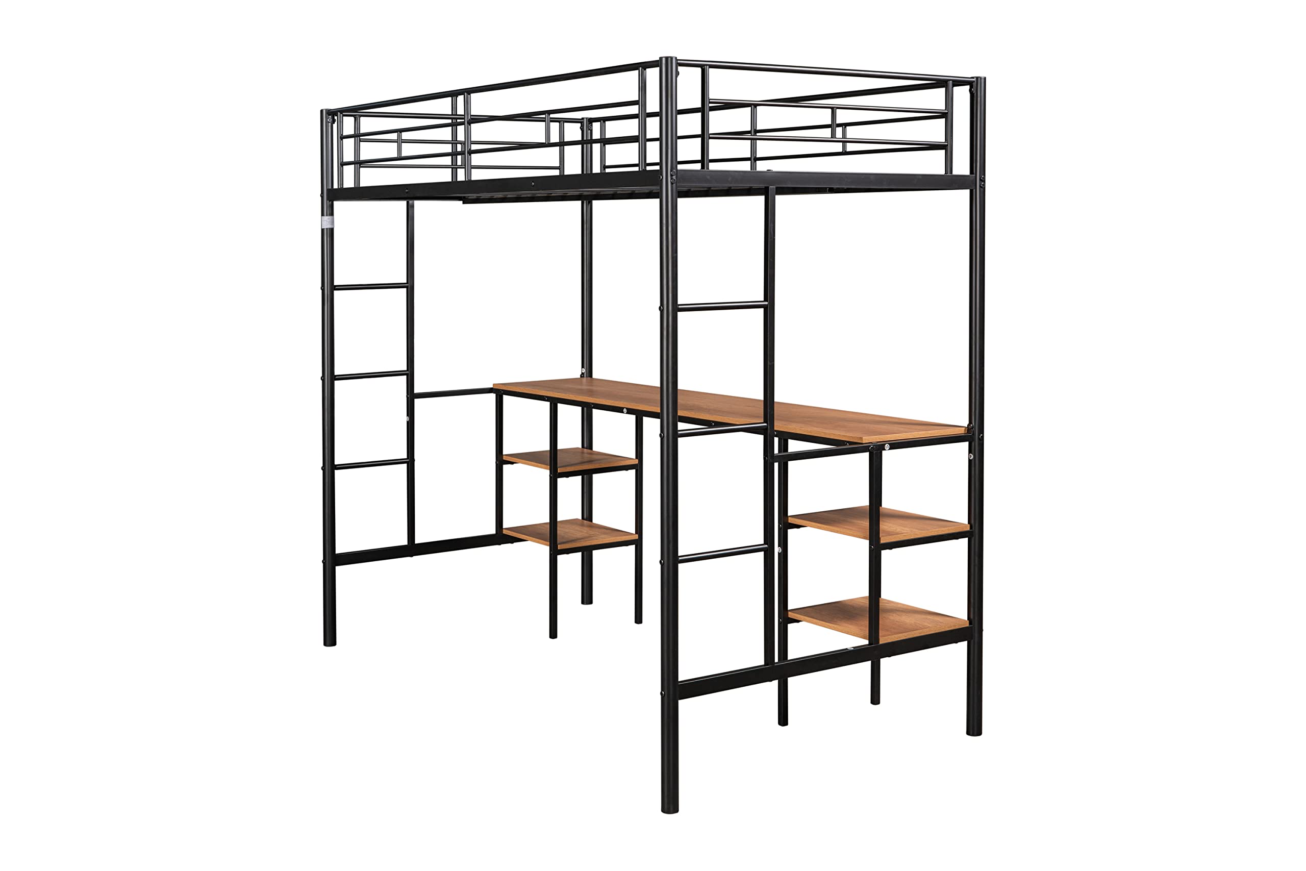 Metal Twin Loft Desk & Shelves/Metal Twin Loft Bed with Desk and Storage Shelves, Space-Saving Bed Frame with 2 Side Ladders and Safety Guard Rails for Kids Teens Adults,No Box Spring Needed