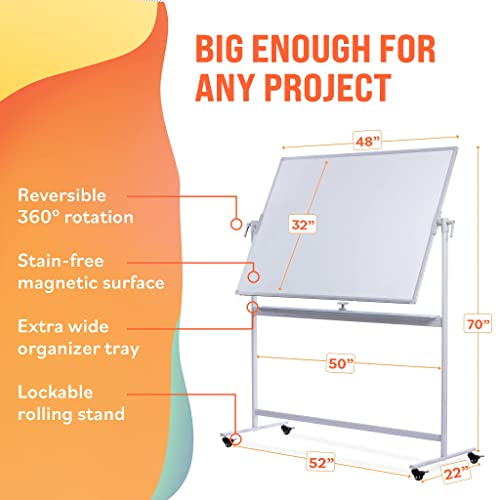 Creative Space White Board Dry Erase 48βx32β Magnetic Whiteboard with Stand Easel-Style Giant Rolling Board on Wheels for Homeschool Large Double Side Portable Teacher Supplies
