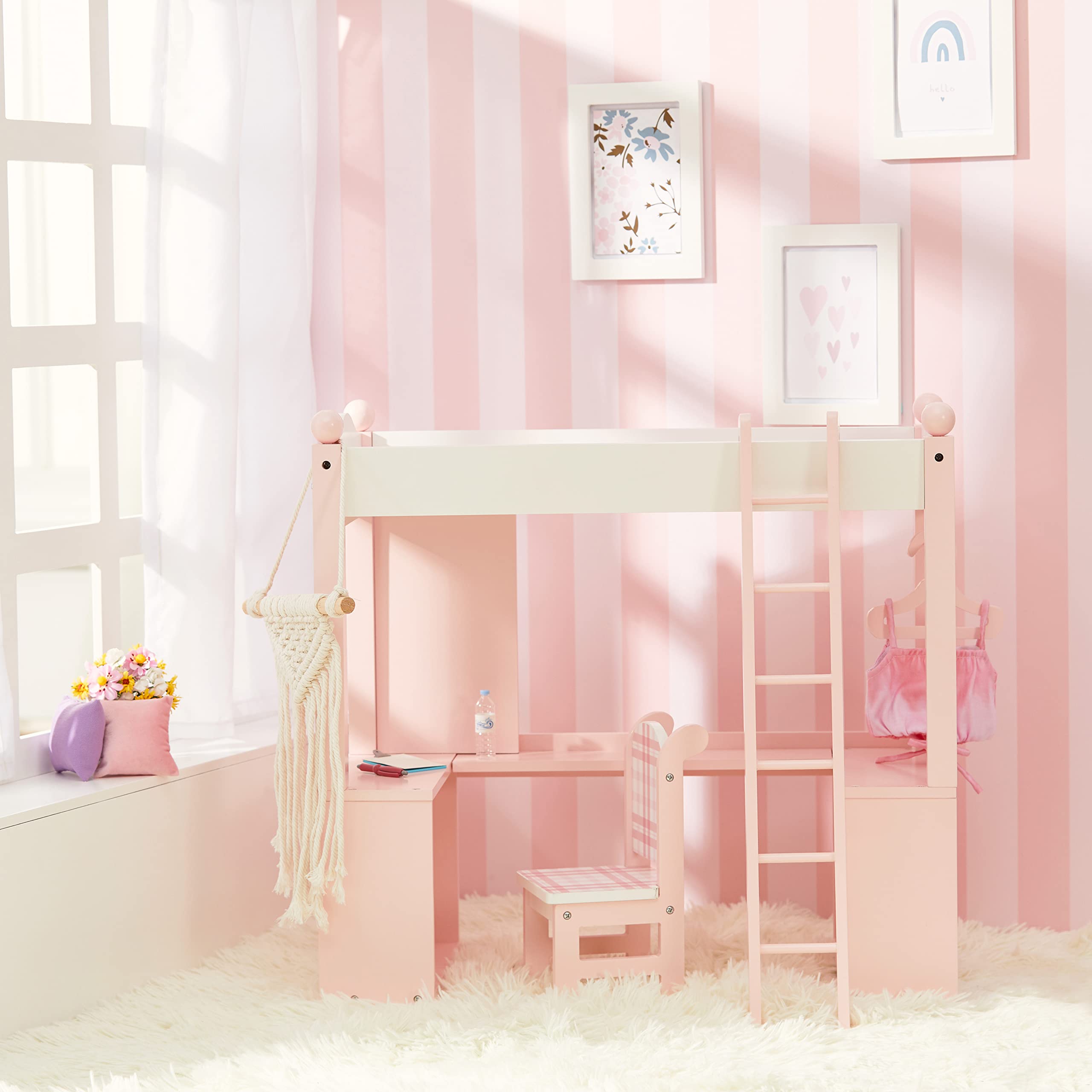 Sophia's 18" Inch Doll Accessories, 9 Piece Aurora Princess White and Pink Loft Bed Bunk Desk, Chair and Accessories