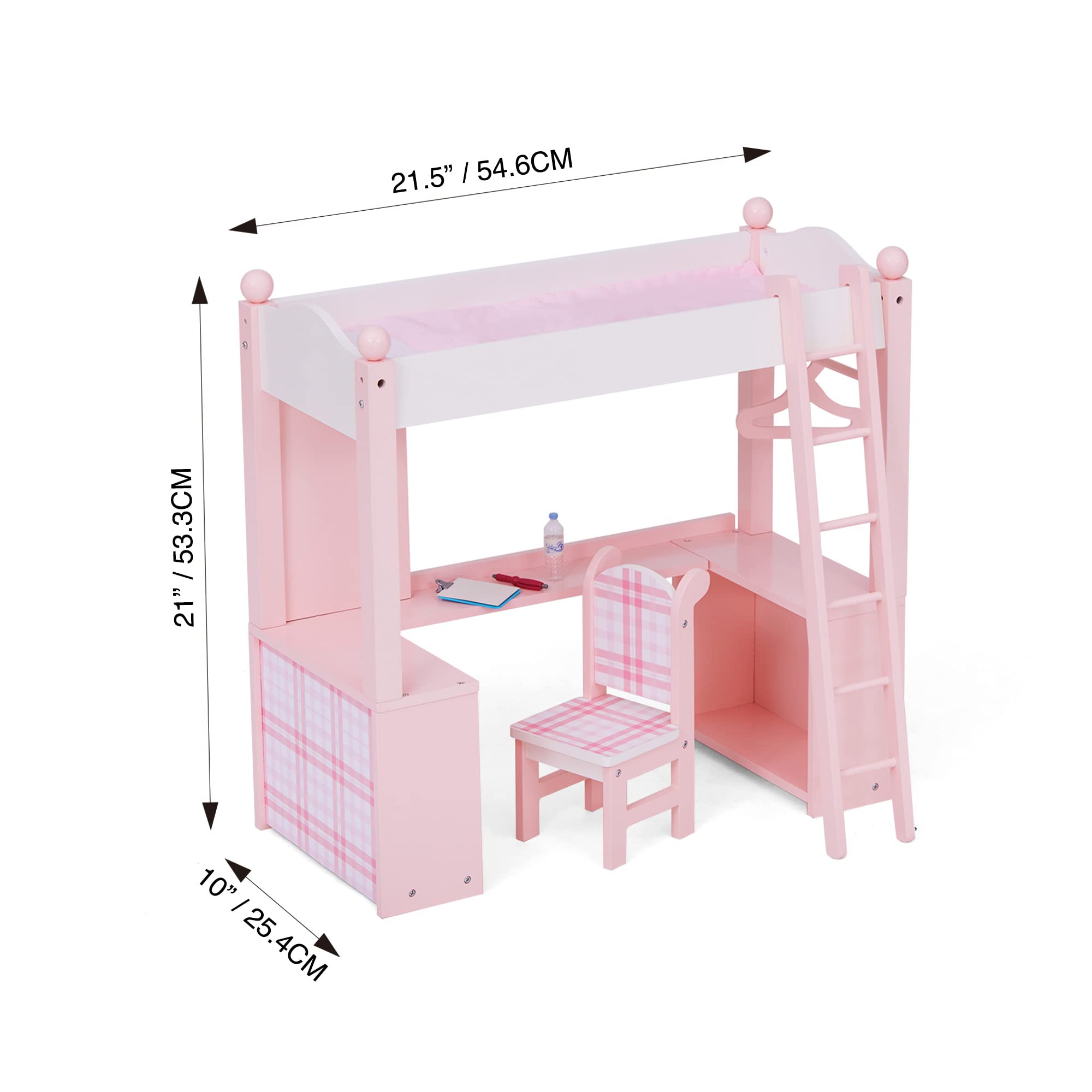 Sophia's 18" Inch Doll Accessories, 9 Piece Aurora Princess White and Pink Loft Bed Bunk Desk, Chair and Accessories