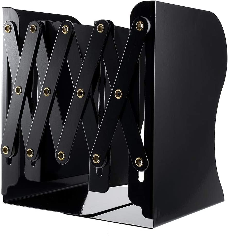 Adjustable Bookends, Metal Book Ends for Heavy Book, 2 Dividers, Nonslip Book Stander for Desk, Shelf, Office, Stationery Gift, Extends up to 19 inches (Black)