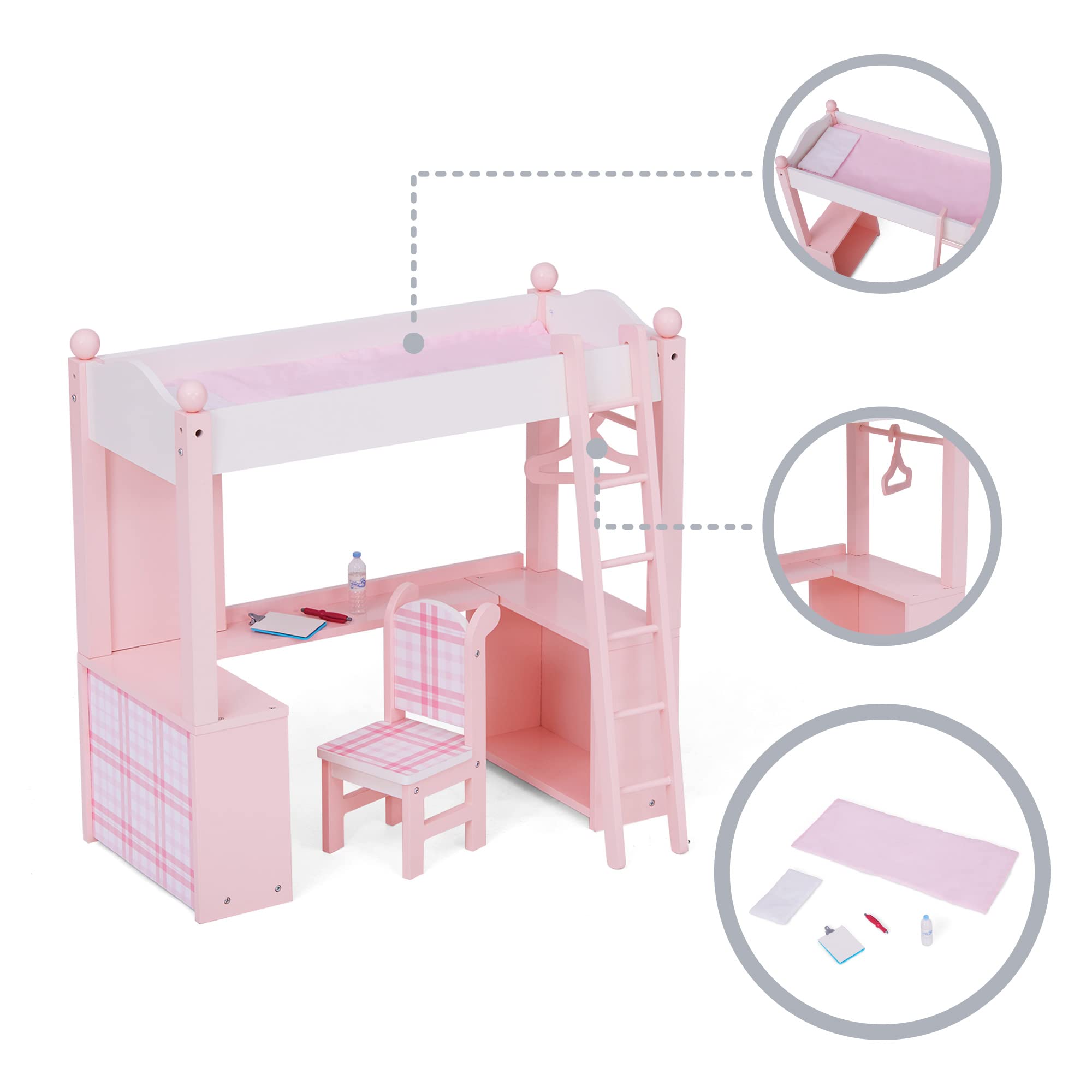 Sophia's 18" Inch Doll Accessories, 9 Piece Aurora Princess White and Pink Loft Bed Bunk Desk, Chair and Accessories