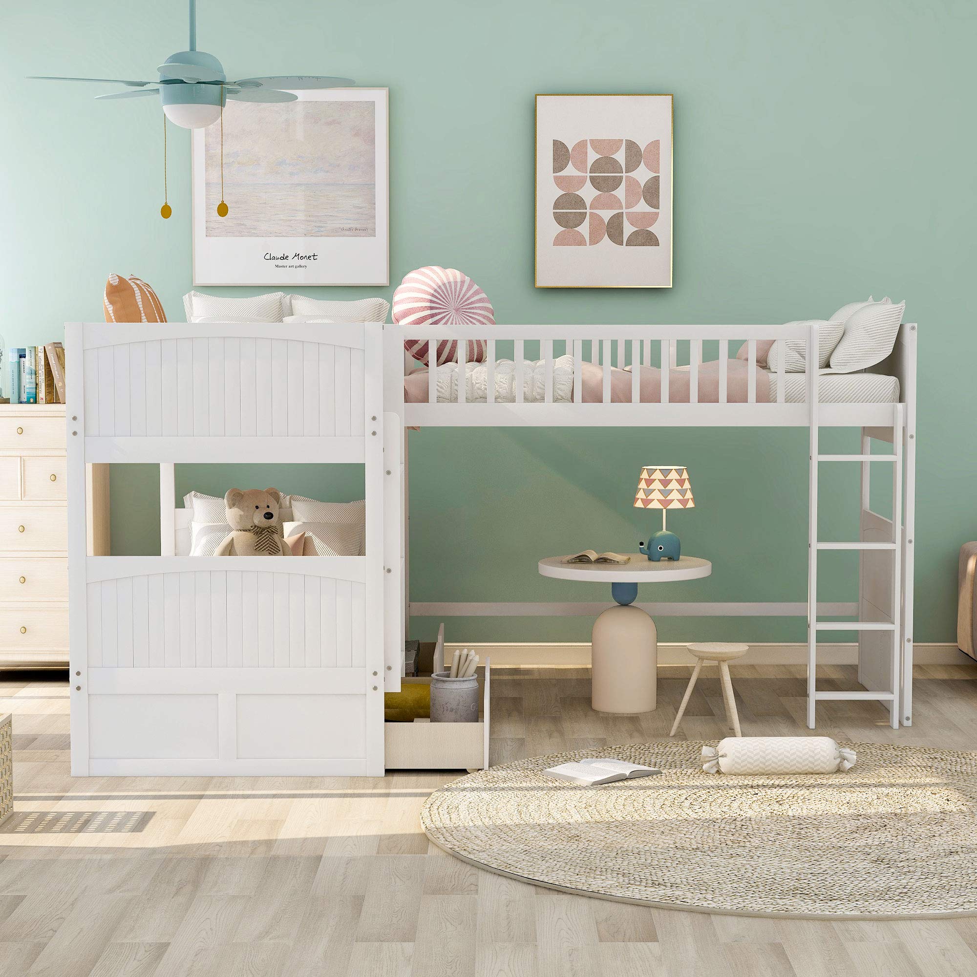 GLORHOME Twin-Over-Twin Triple Bed Wooden L-Shaped Bunk Bed with Ladders and 2 Storage Drawers, Space Saving Bedroom Furniture for Kids Teens