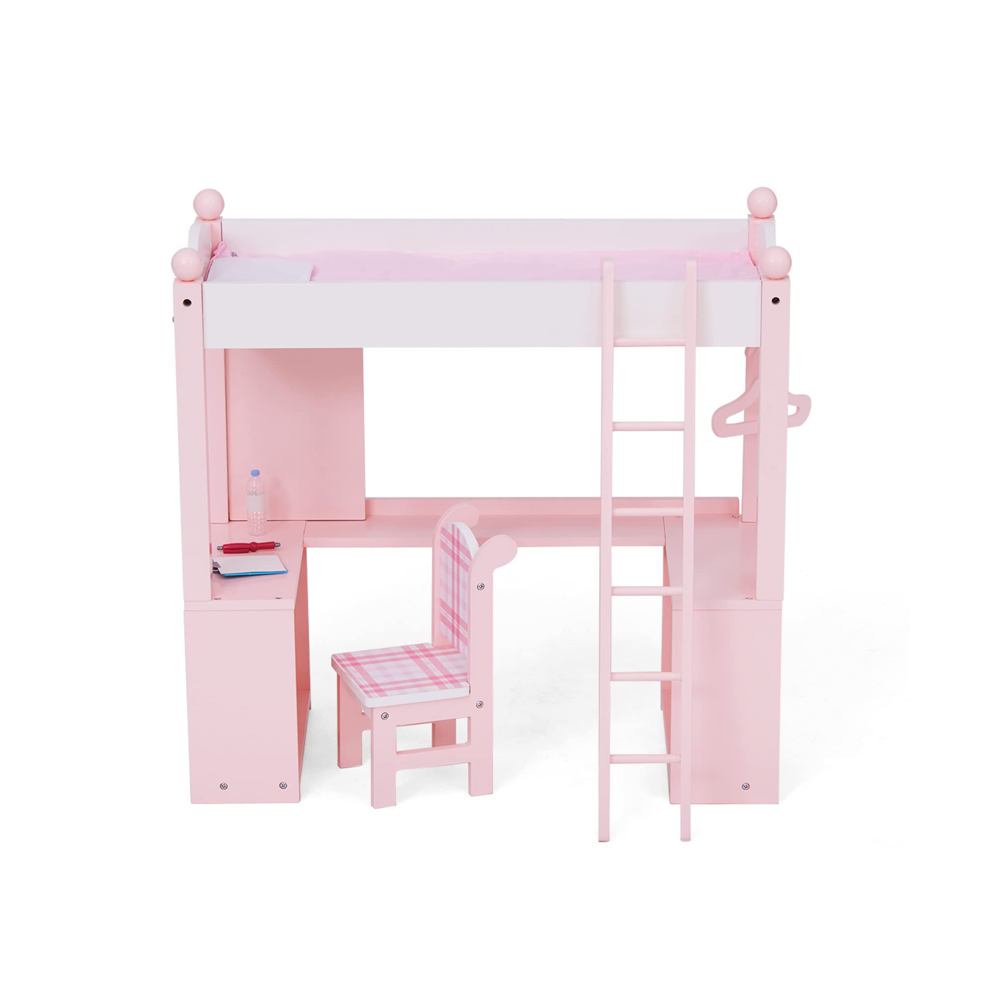 Sophia's 18" Inch Doll Accessories, 9 Piece Aurora Princess White and Pink Loft Bed Bunk Desk, Chair and Accessories